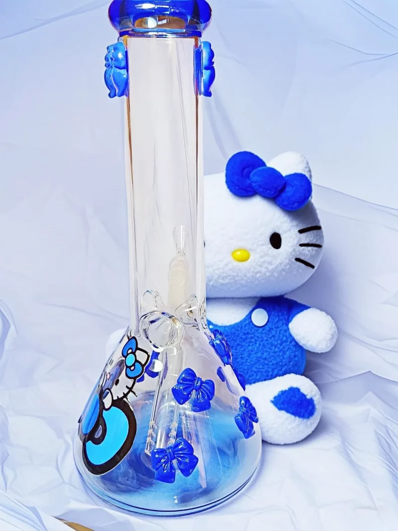 9.5″ Blue Hello Kitty Glass Beaker Bong with Bow Accents - Smoke Meg