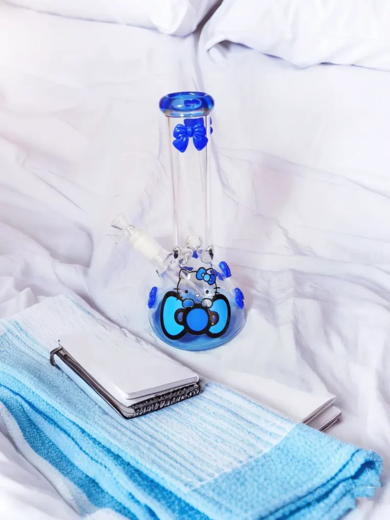9.5″ Blue Hello Kitty Glass Beaker Bong with Bow Accents - Smoke Meg