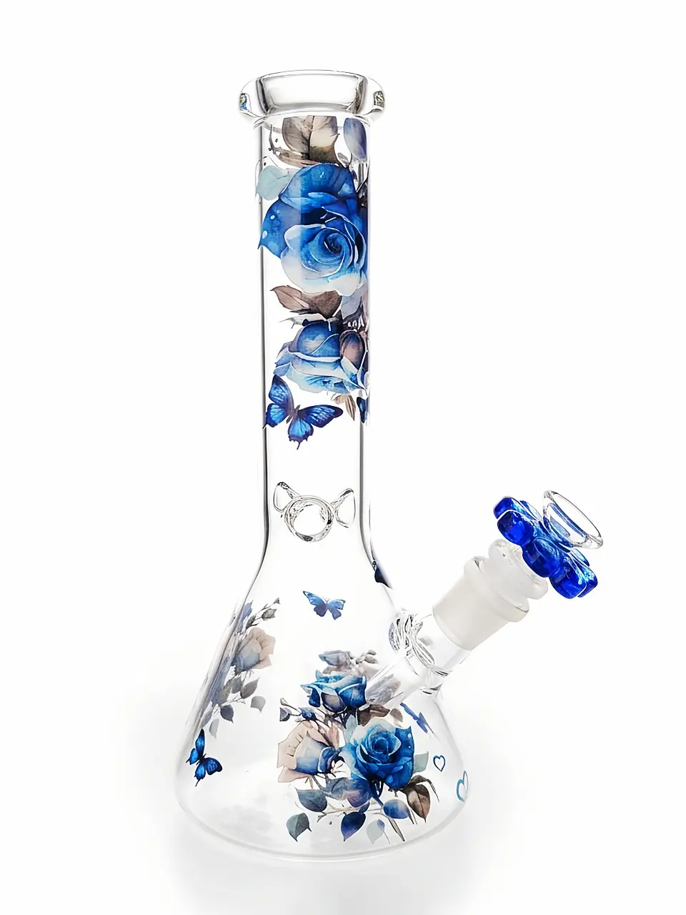 10" Blue Rose & Butterfly Beaker Glass Bong - Smoke Meg
