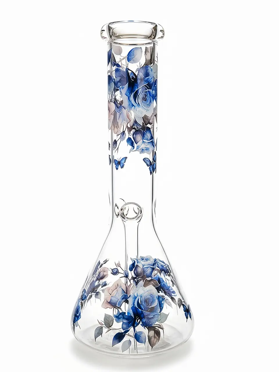 10" Blue Rose & Butterfly Beaker Glass Bong - Smoke Meg