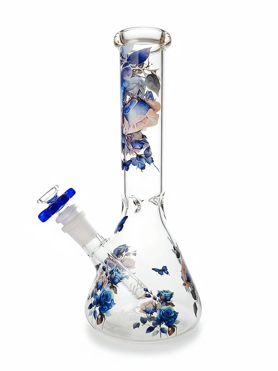 10" Blue Rose & Butterfly Beaker Glass Bong - Smoke Meg