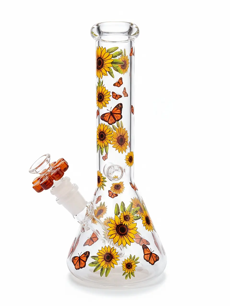 10" Sunflower & Butterfly Autumn Garden Beaker Glass Bong - Smoke Meg