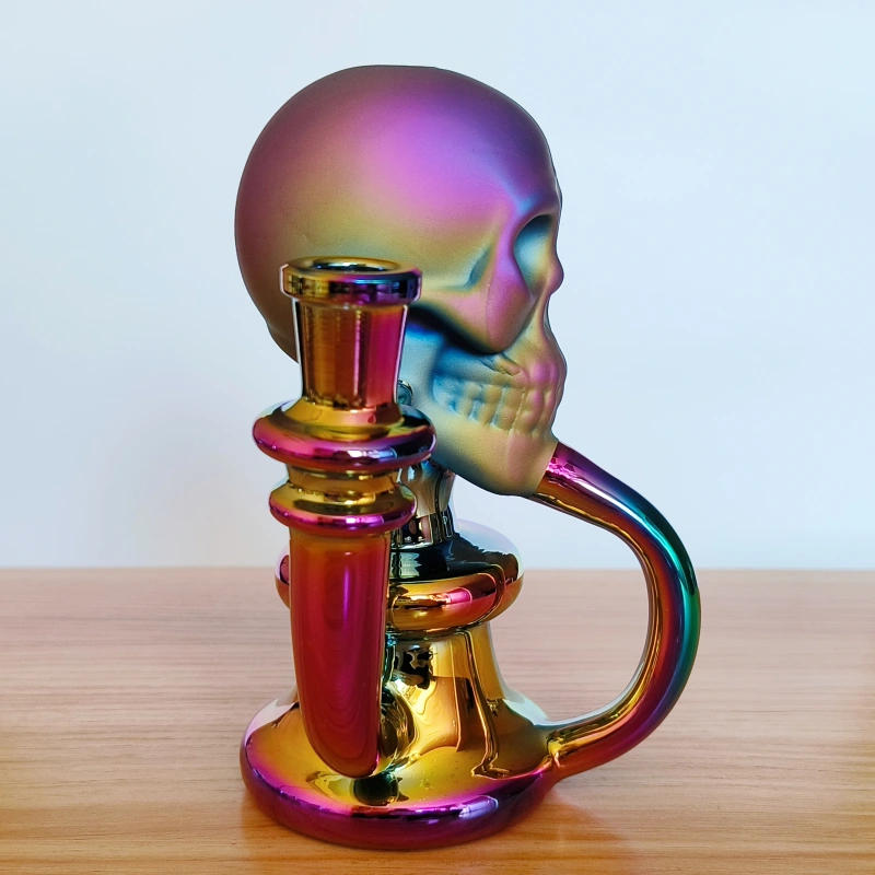 6.5" Iridescent Skull Glass Bong | Recycler Dab Rig - Smoke Meg