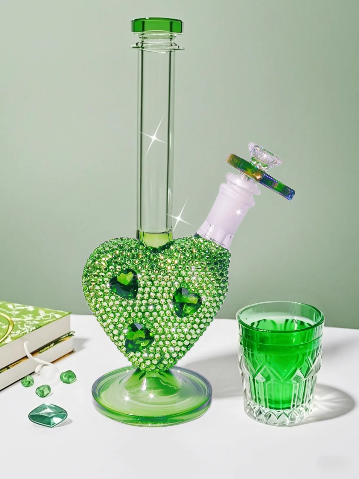 9.5″ Bling Green Heart Glass Bong with Sparkling Crystal Rhinestones ...