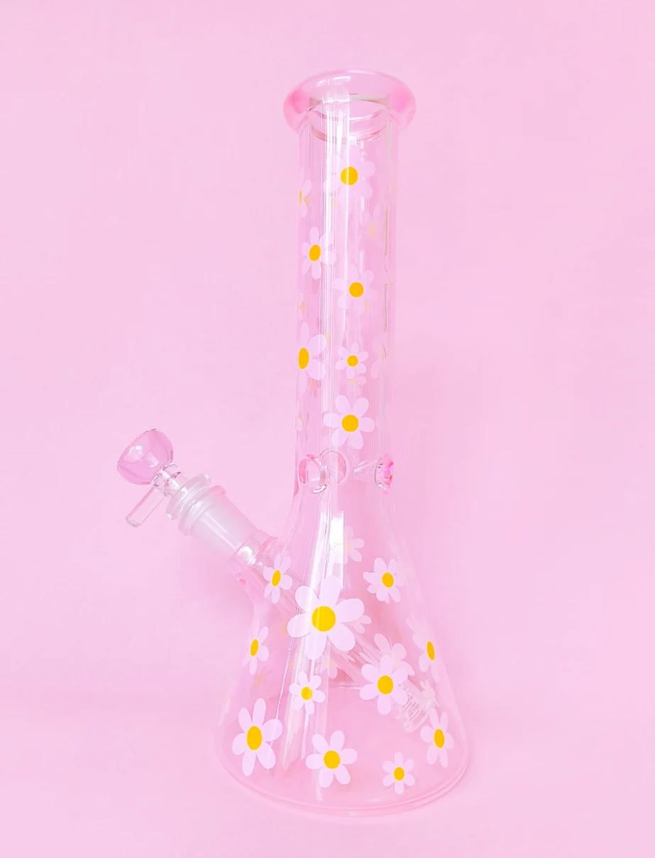 10" Glass Beaker Bong | Cute Pink Retro Daisy - Smoke Meg
